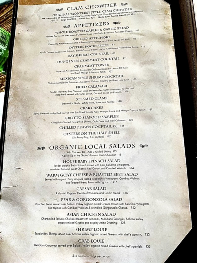 A menu that reads like poetry to seafood lovers &ndash; where "Dungeness Crabmeat Cocktail" isn't just a dish, it's a siren call from the Pacific.