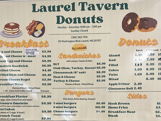 The menu board tells a story of American breakfast classics. Notice how "Donuts" gets top billing, like the headliner at a delicious concert.