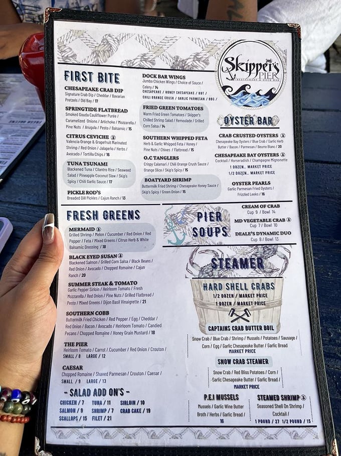 This menu isn't just a list&mdash;it's a treasure map to Chesapeake Bay delights. The "Tuna Tsunami" and "Captain's Crab Butter Boil" aren't just names, they're promises.