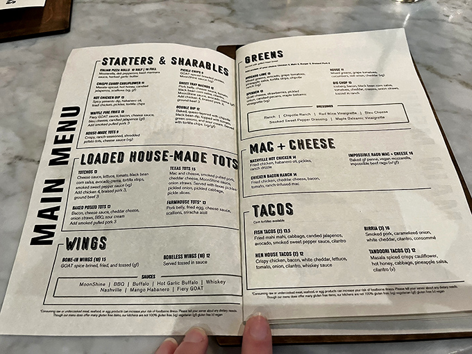 This menu isn't just a list of food—it's a roadmap to happiness. The "Loaded House-Made Tots" section alone deserves its own ZIP code.