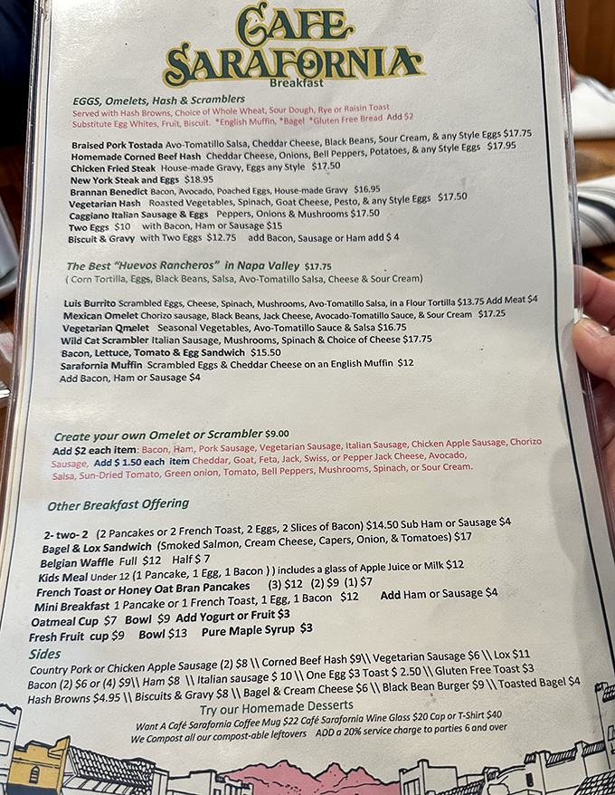 The menu reads like a love letter to breakfast classics, with everything from homemade corned beef hash to their proudly proclaimed "Best Huevos Rancheros in Napa Valley."