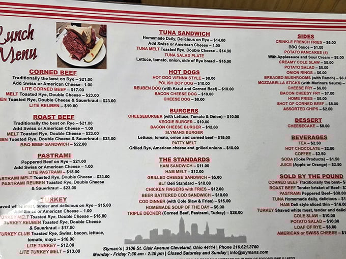 This menu isn't just a list of options&mdash;it's a roadmap to happiness. The corned beef section alone deserves its own ZIP code.