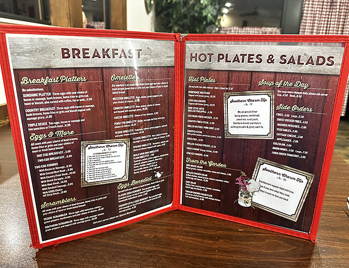 Red menus hold the secrets to breakfast bliss &ndash; each page promising another reason to loosen your belt.