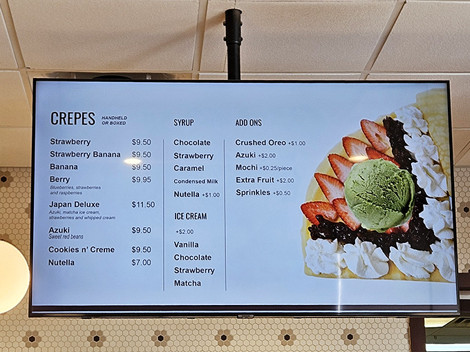 The crepe menu reads like poetry for your taste buds. Japan Deluxe with strawberries, bananas and whipped cream? Yes, please!
