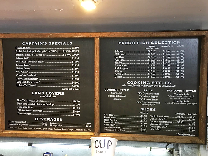 The menu board reads like a love letter to the Pacific, offering countless ways to enjoy what the ocean delivered that morning.