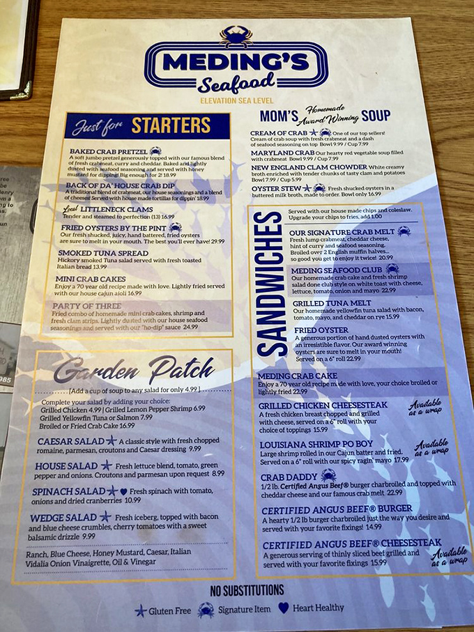This menu isn't just a list of options &ndash; it's a maritime treasure map where X marks the spot for those legendary crab cakes.