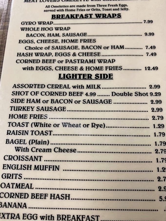A menu where breakfast wraps get their own headline and a "Shot of Corned Beef" is considered part of the lighter side. Cleveland priorities!