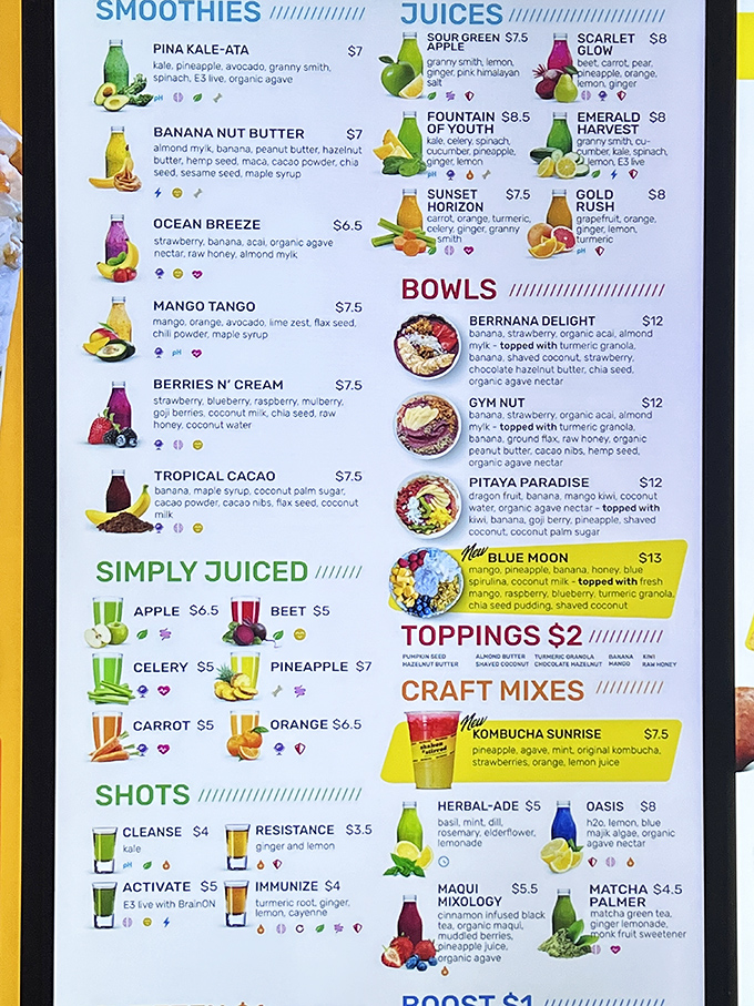 The smoothie menu reads like a wellness retreat's greatest hits. "Pina Kale-ata" might just be the cleverest name in the juice world.