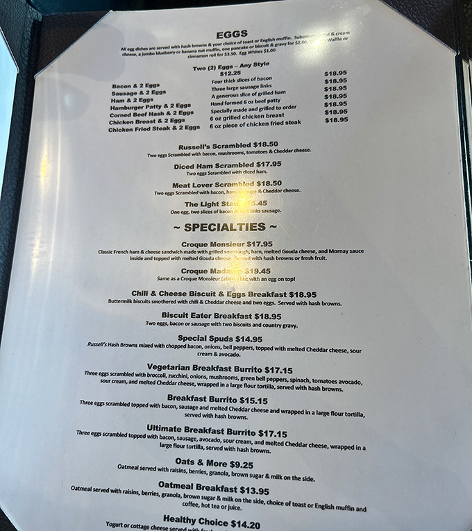 The menu reads like a love letter to breakfast classics, each option more tempting than the last.