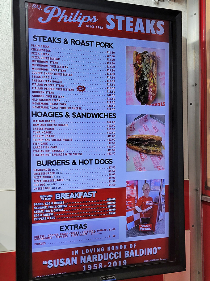 The menu board tells no lies&mdash;this is sandwich scripture. Note the loving tribute to Susan at the bottom, a reminder that food is family.