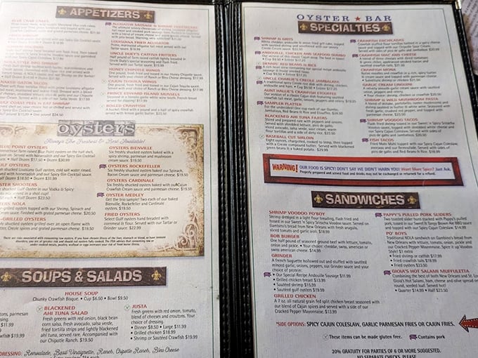 This menu isn't just a list&mdash;it's a treasure map. Each description promises a journey to flavor country with Cajun and Creole classics.