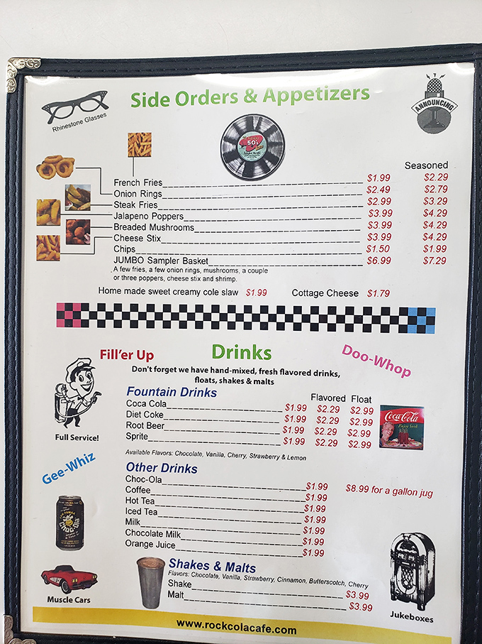 This isn't just a menu; it's a historical document. Notice how "Doo-Whop" and "Gee-Whiz" aren't just expressions but legitimate sections of culinary offerings.