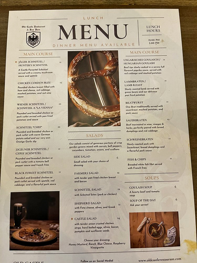 A menu that reads like a love letter to German cuisine. Each description promises a culinary adventure that'll have you practicing your "Das ist gut!" between bites.