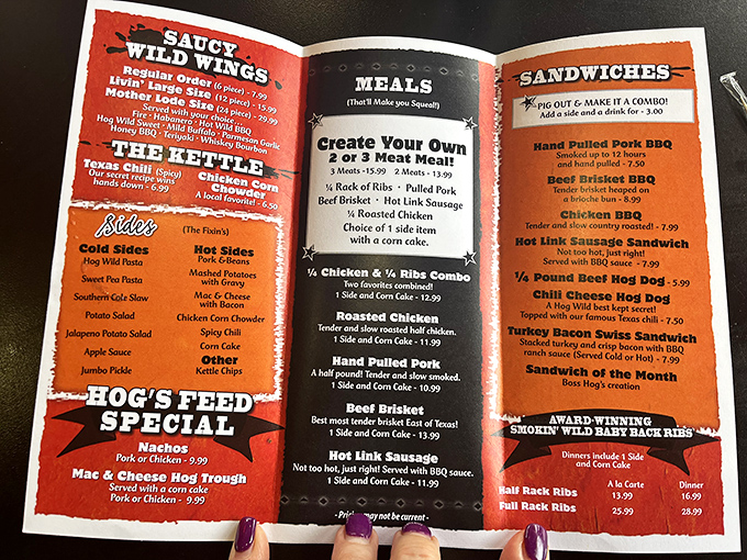 This menu isn't just a list of options; it's a roadmap to happiness with destinations like "Hand Pulled Pork" and "Award Winning Ribs."