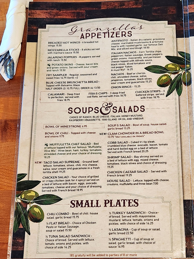 The menu reads like a love letter to comfort food, with Italian classics sharing space with American road trip favorites.