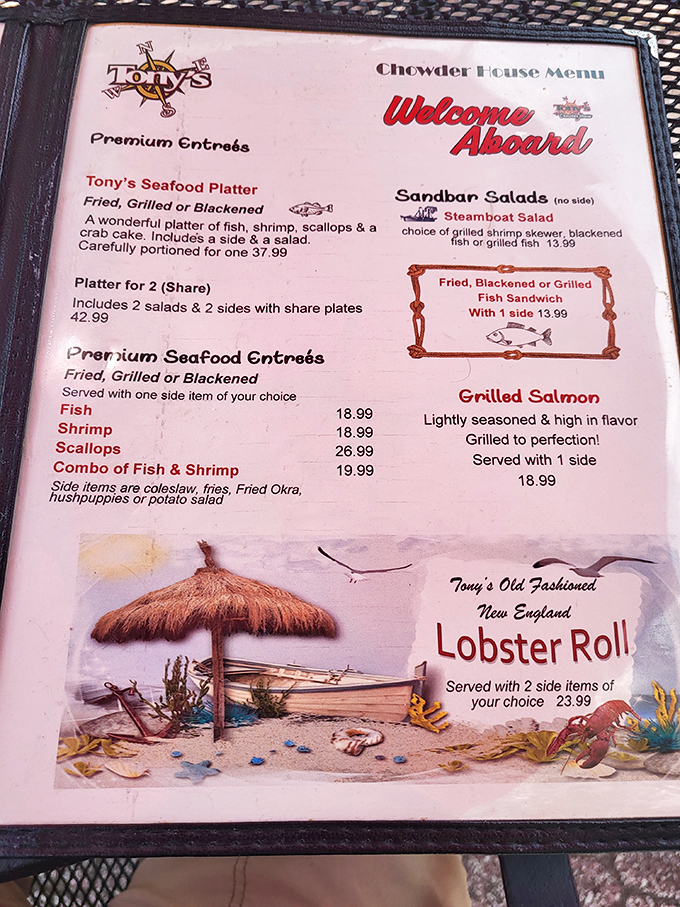 A menu that gets straight to the point&mdash;seafood done three ways with sides that complement rather than compete. The lobster roll illustration alone is enough to make a New Englander homesick.