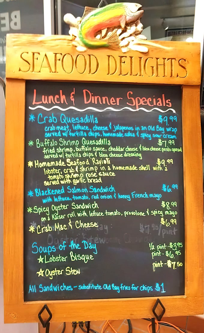 That handwritten menu board is like a love letter to seafood lovers, with prices that won't require a loan officer.