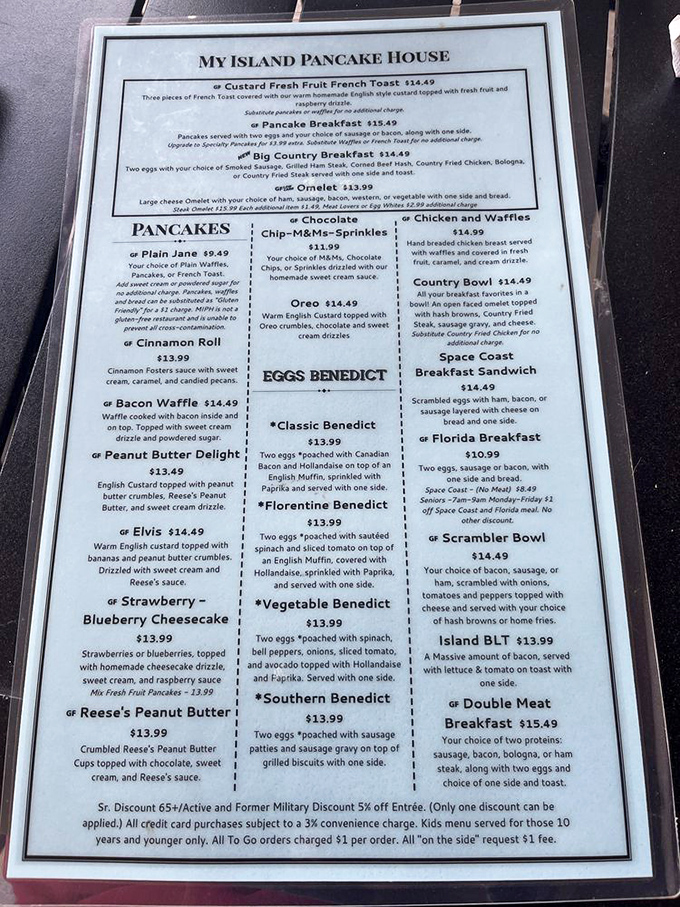 A menu that reads like a love letter to breakfast, where decisions between the Elvis pancakes and Southern Benedict become delightfully difficult life choices.