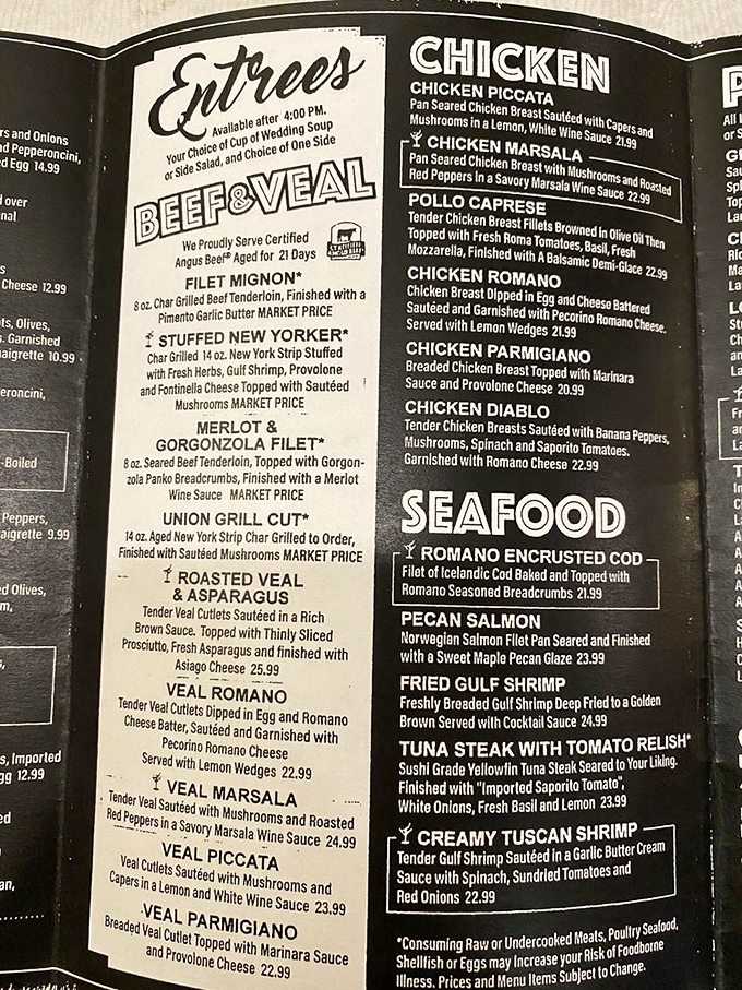A menu that reads like a love letter to Italian-American cuisine. Each description promises a dish worth driving across county lines for.