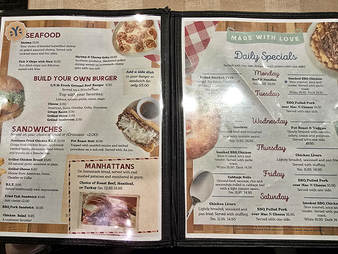 A menu that reads like a love letter to comfort food. Each daily special promises the kind of satisfaction modern fusion restaurants can only dream about.