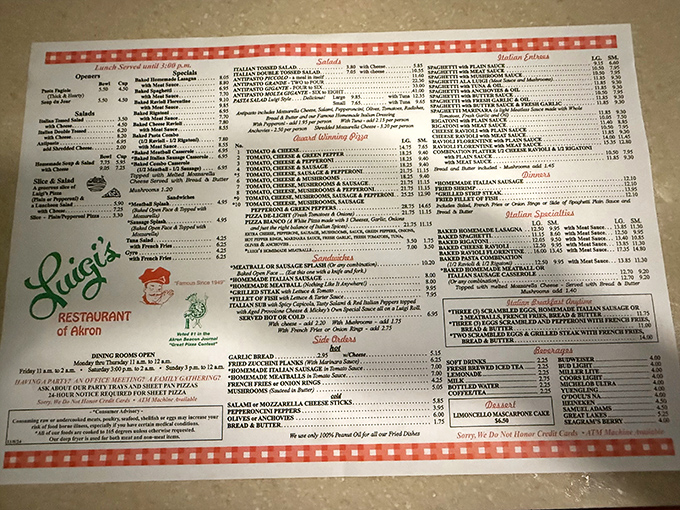 The menu reads like an Italian-American greatest hits album. No molecular gastronomy here&mdash;just the classics that have kept Akron residents coming back for generations.