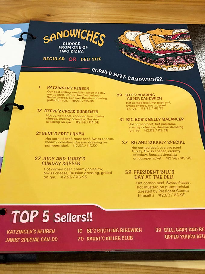 The menu reads like a novel where every character is delicious. Notice the Reuben sits proudly at #1&mdash;a bestseller since day one for good reason.
