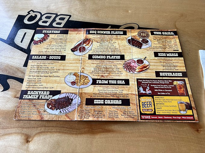 A menu that reads like a love letter to smoked meats. Each description promises a relationship with flavor that might just last longer than your last diet.
