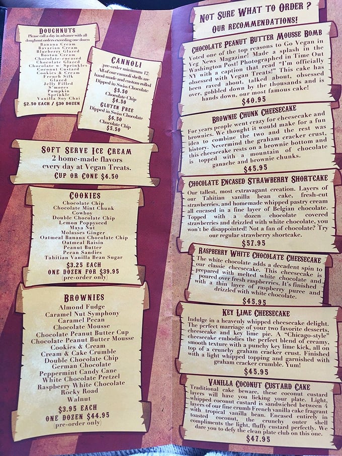A menu that reads like dessert poetry. The Chocolate Peanut Butter Mousse Bomb has been featured in Vegetarian Times for good reason.