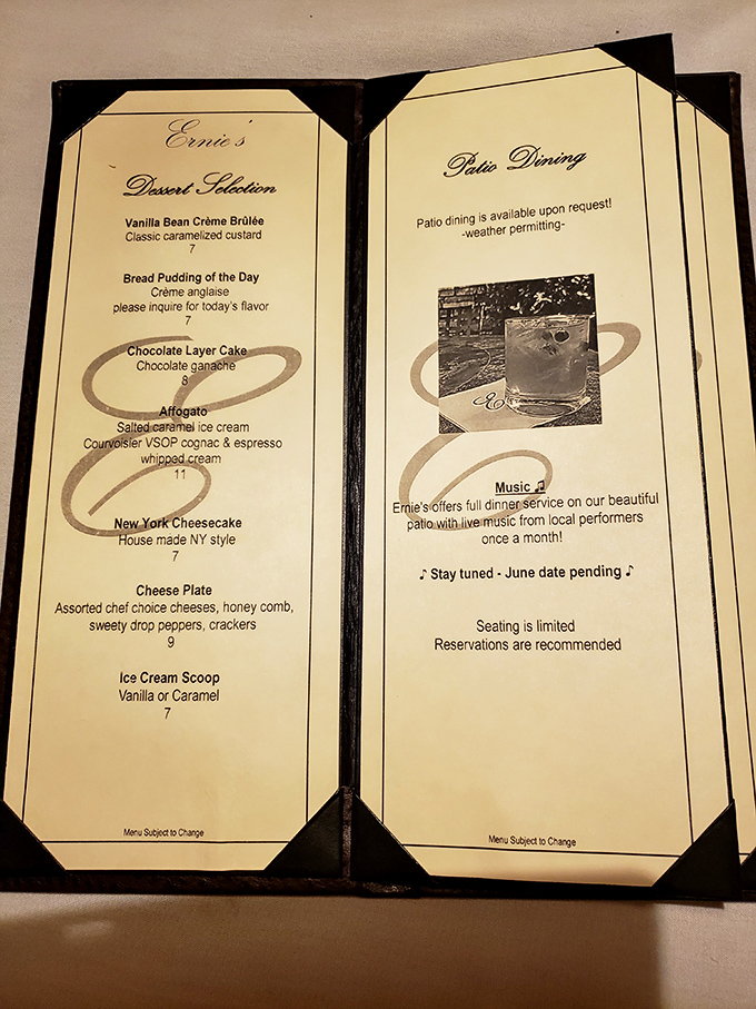 Dessert decisions become delightful dilemmas at Ernie's, where classics like crème brûlée share menu space with house-made New York cheesecake.