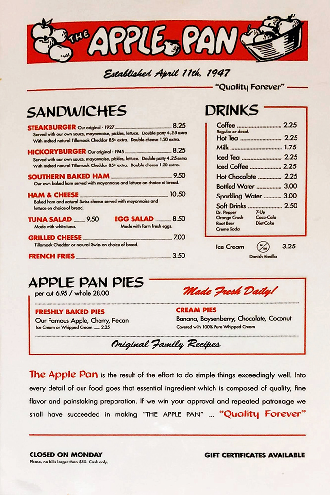The menu at The Apple Pan is refreshingly straightforward—no foam, no fusion, no fuss. Just perfectly executed classics that have stood the test of time.