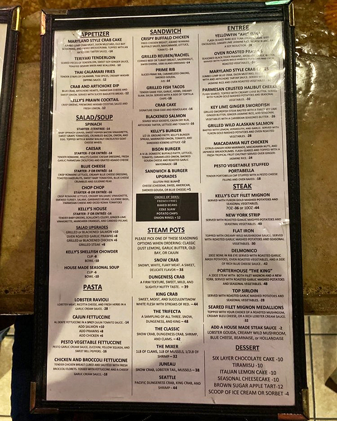 The menu at Kelly's reads like a love letter to carnivores and seafood enthusiasts alike. Decision paralysis has never been so delicious.