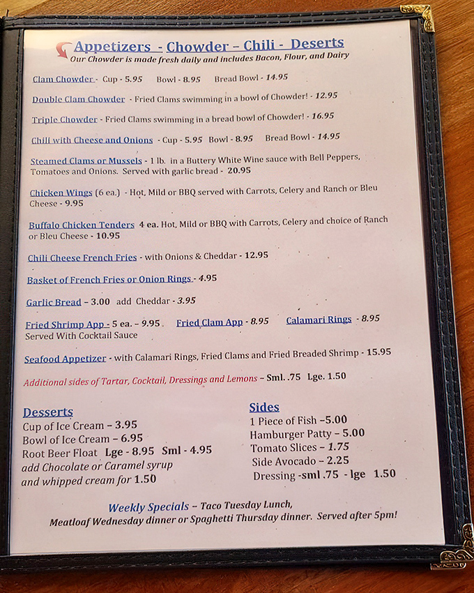 The menu reads like a love letter to seafood enthusiasts. Triple Chowder with fried clams swimming in a bread bowl? That's not a meal, that's a dream.