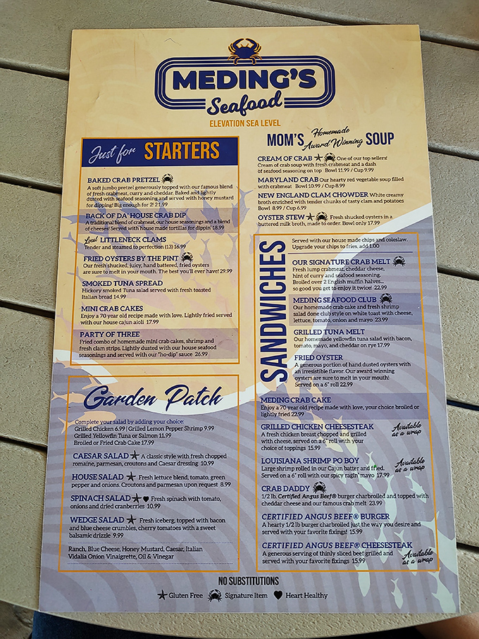 This menu isn't just a list – it's a treasure map where X marks the Stuffed Flounder and Mom's Award-Winning Soup beckons like a siren call.