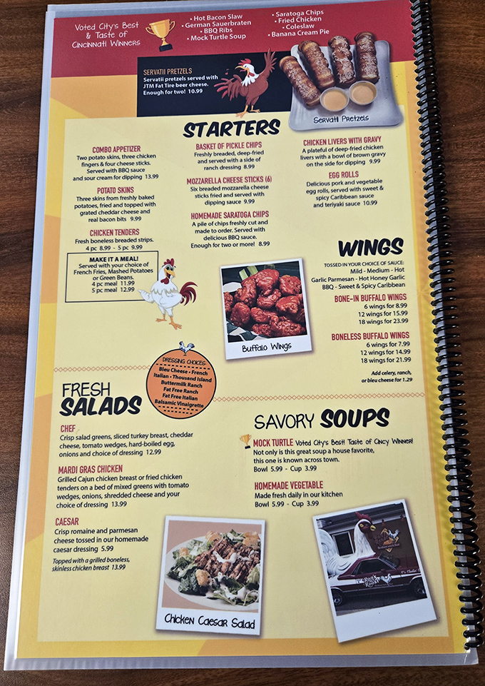 This isn't just a menu&mdash;it's a roadmap to happiness. The rooster illustrations aren't just cute; they're pointing you toward your next food coma.