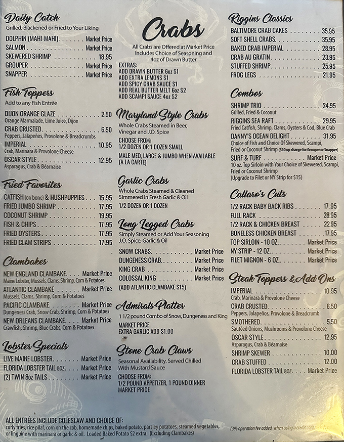 This menu isn't just a list of options&mdash;it's a maritime treasure map where X marks the spot for Maryland-style blue crabs and seafood glory.