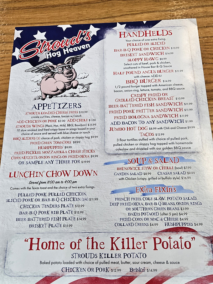 The menu reads like a love letter to smoked meat enthusiasts. That "Killer Potato" isn't just a side dish&mdash;it's a culinary mission statement.