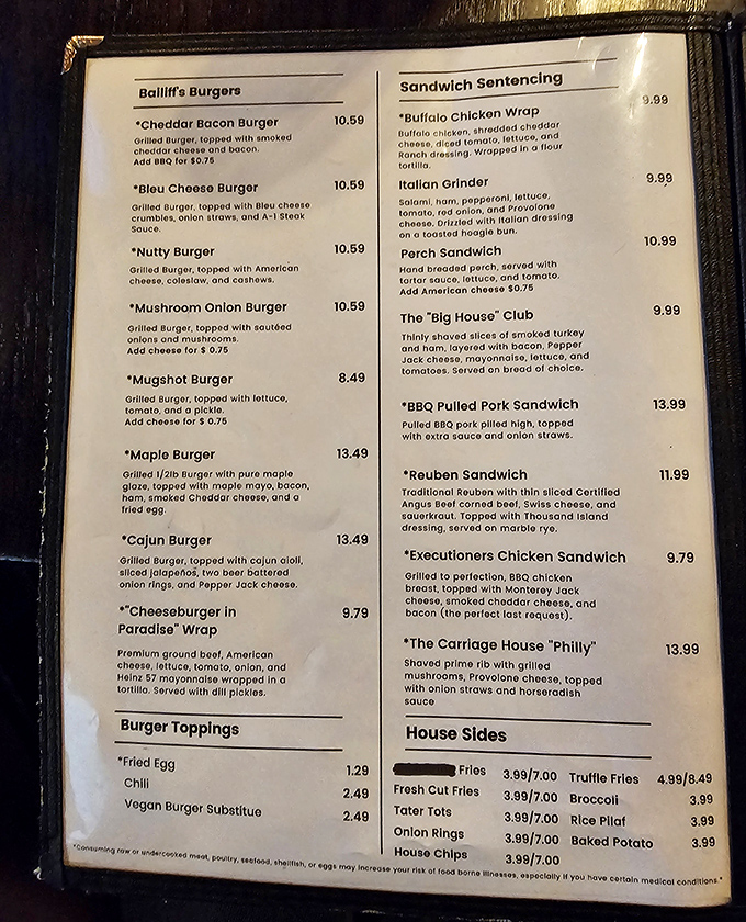 The cleverly named "Bailiff's Burgers" and "Sandwich Sentencing" sections prove that whoever said crime doesn't pay clearly never tasted this menu.