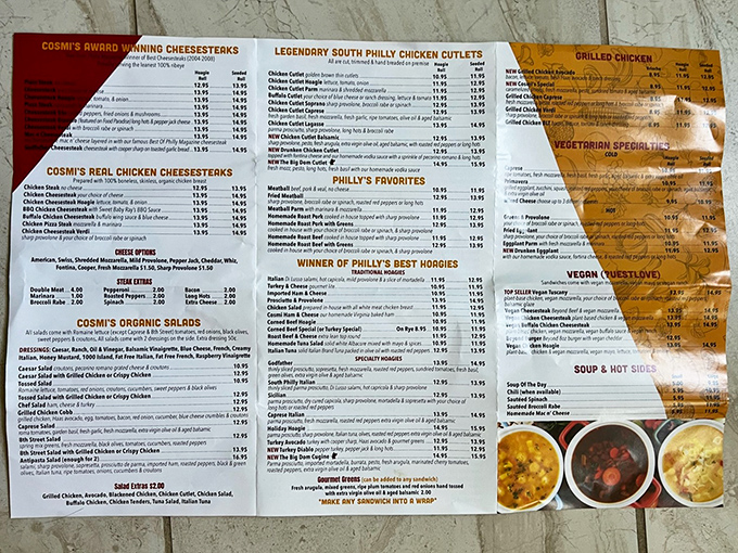 A menu that reads like a love letter to Philadelphia's sandwich culture. Each line represents decades of perfected recipes and loyal customers.