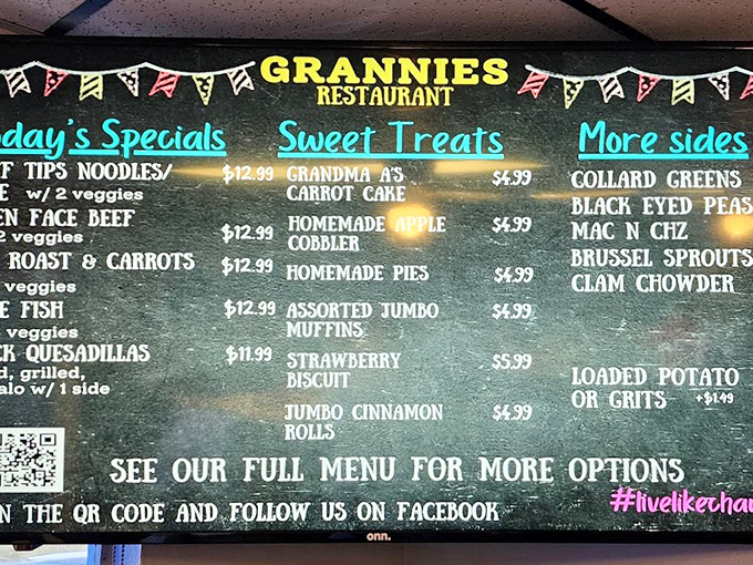 A menu board that reads like a love letter to comfort food. Grandma A's carrot cake alone is worth the drive to Crystal River.