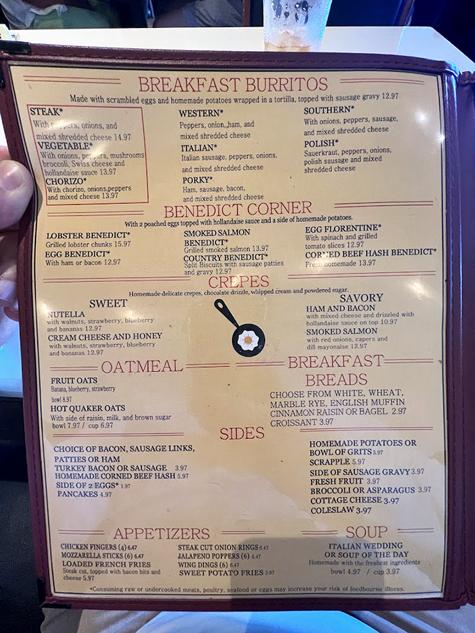 This menu isn't just reading material&mdash;it's a roadmap to breakfast nirvana. Benedict Corner alone deserves its own zip code.