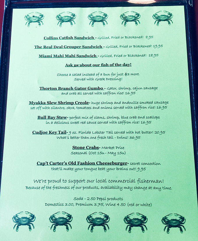 A menu that reads like a love letter to Florida's waters. The crab illustrations aren't just cute&mdash;they're a promise of what's to come.