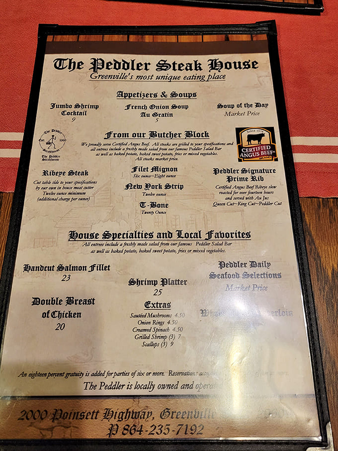 A menu that speaks the universal language of "you're about to have the meal of your life." The butcher block section isn't just a list&mdash;it's a roadmap to happiness.