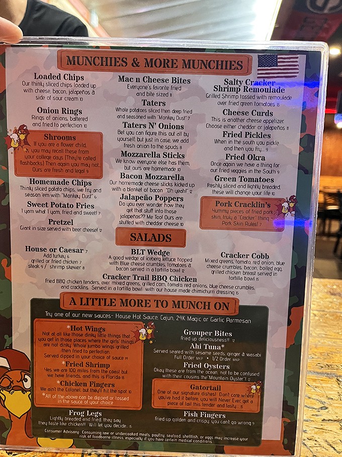 A menu that doesn't take itself too seriously but takes its food very seriously. Note the "Shrooms" description for "flower children."