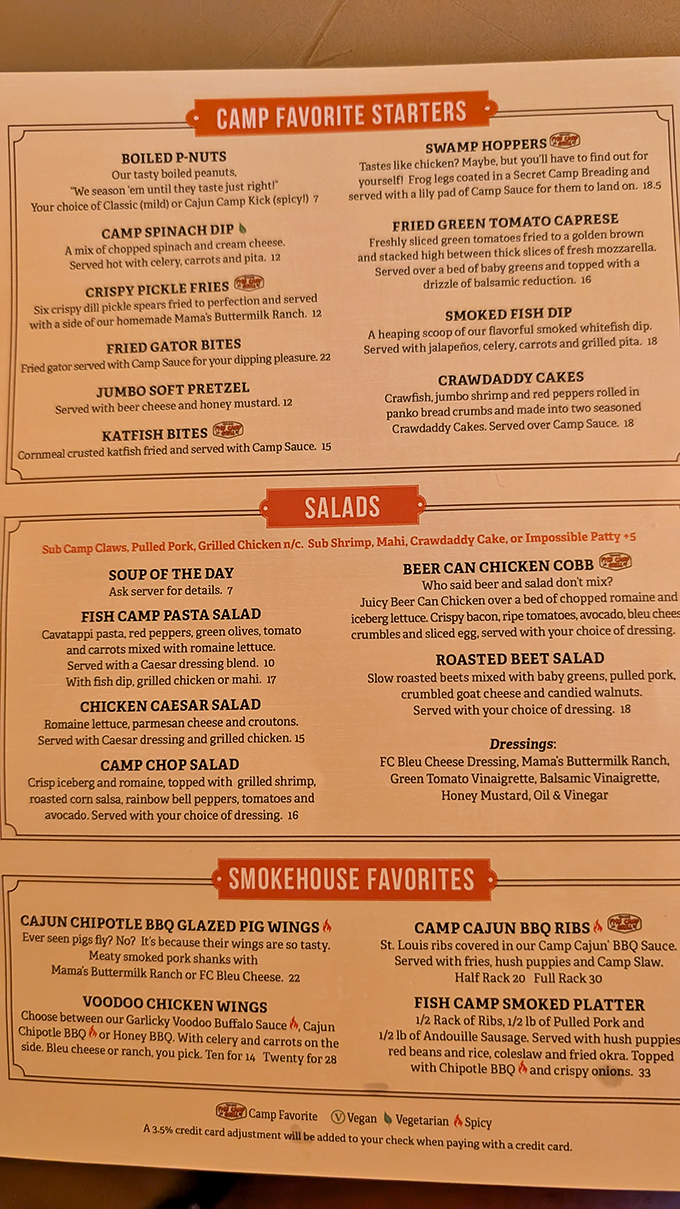 The menu reads like a greatest hits album of Florida seafood classics. Those "Swamp Hoppers" aren't just frog legs&mdash;they're an initiation into the Fish Camp family.