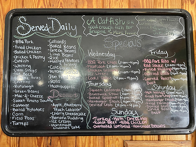 This chalkboard menu reads like a love letter to Southern cuisine. When "Fat Back" makes the daily specials, you know you're in the right place.
