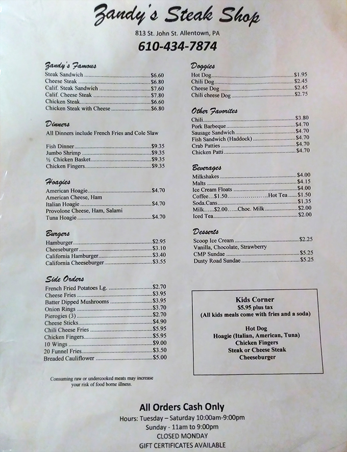 A menu frozen in time, with prices that make you wonder if you've stumbled through a portal to the past. Cash only &ndash; your credit card needs a day off anyway.