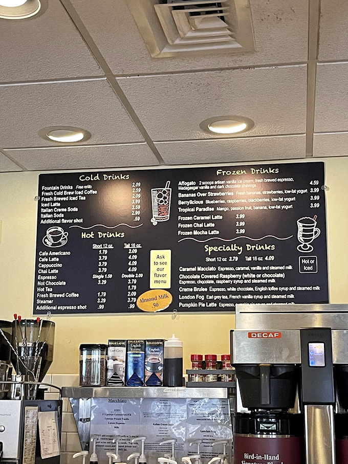 The menu board reads like a love letter to caffeine enthusiasts, with specialty drinks that pair perfectly with those whoopie pies you're definitely ordering.