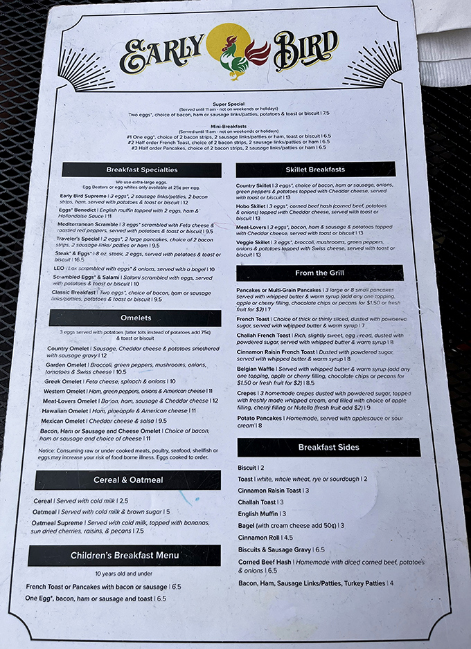 A menu that reads like a love letter to breakfast classics. No molecular gastronomy here—just honest food that understands what morning hunger truly craves.