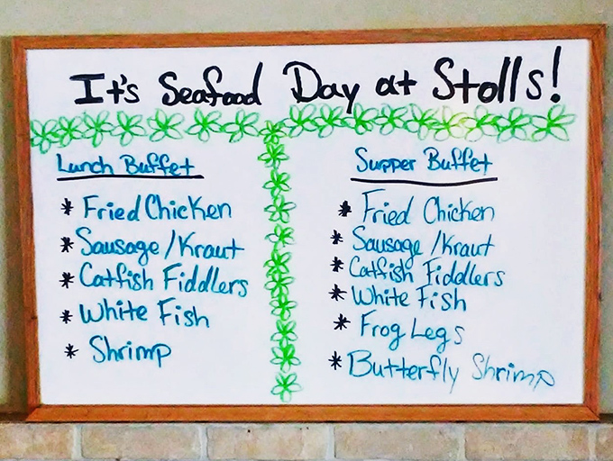 "It's Seafood Day at Stoll's!" announces the handwritten menu board, promising treasures from both land and water that would make Neptune himself put in a reservation.