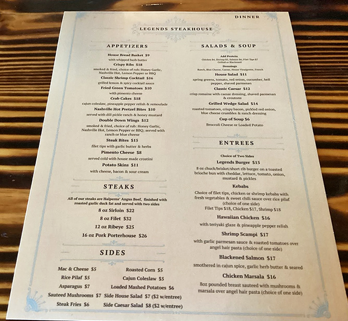 A menu that reads like a carnivore's love letter. Each description promises a flavor journey worth every mile of your drive to Newberry.